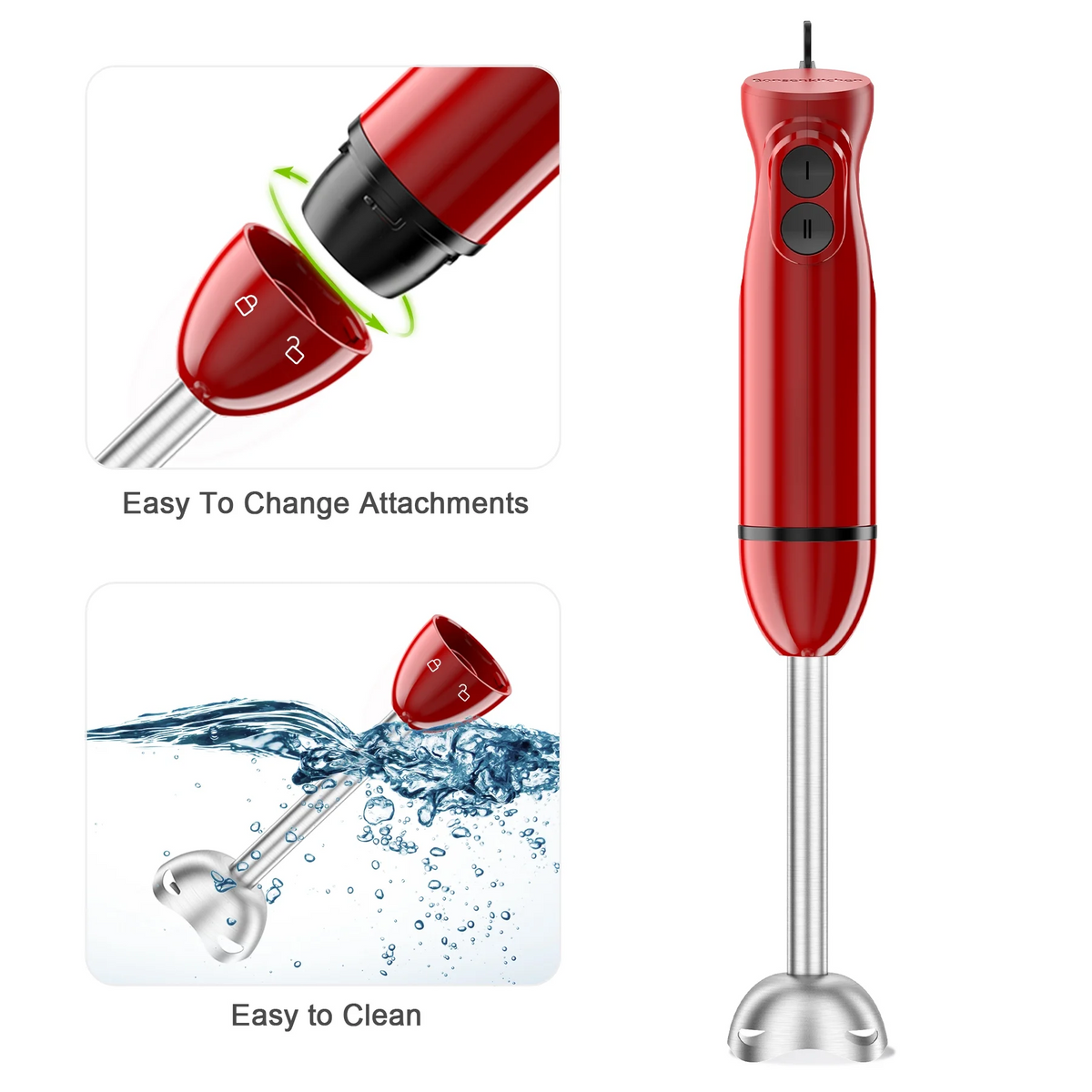 Bonsenkitchen Handheld Blender, Immersion Blender Handheld, Red